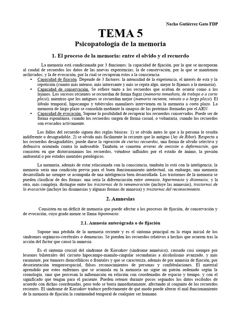 Resumen TEMA 5 Psicopatología de la memoria | PDF | Amnesia | Memoria