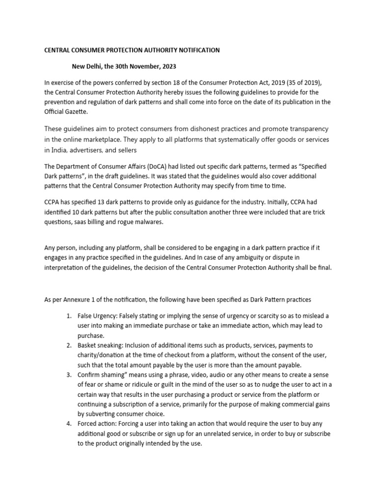 Central Consumer Protection Authority Notification | PDF | Computing ...