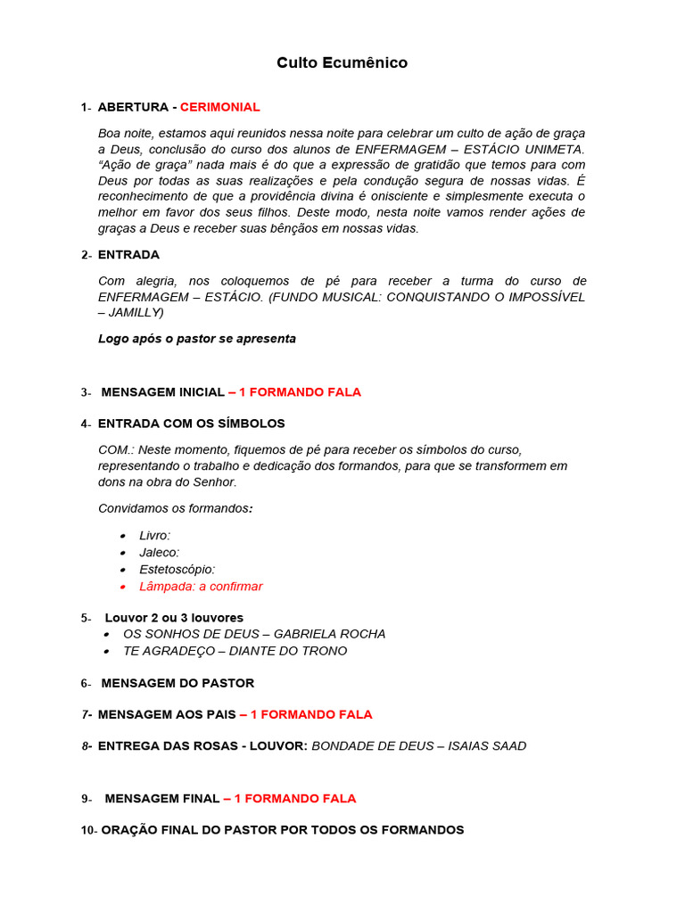 Roteiro Culto Ecumenico Enf | PDF