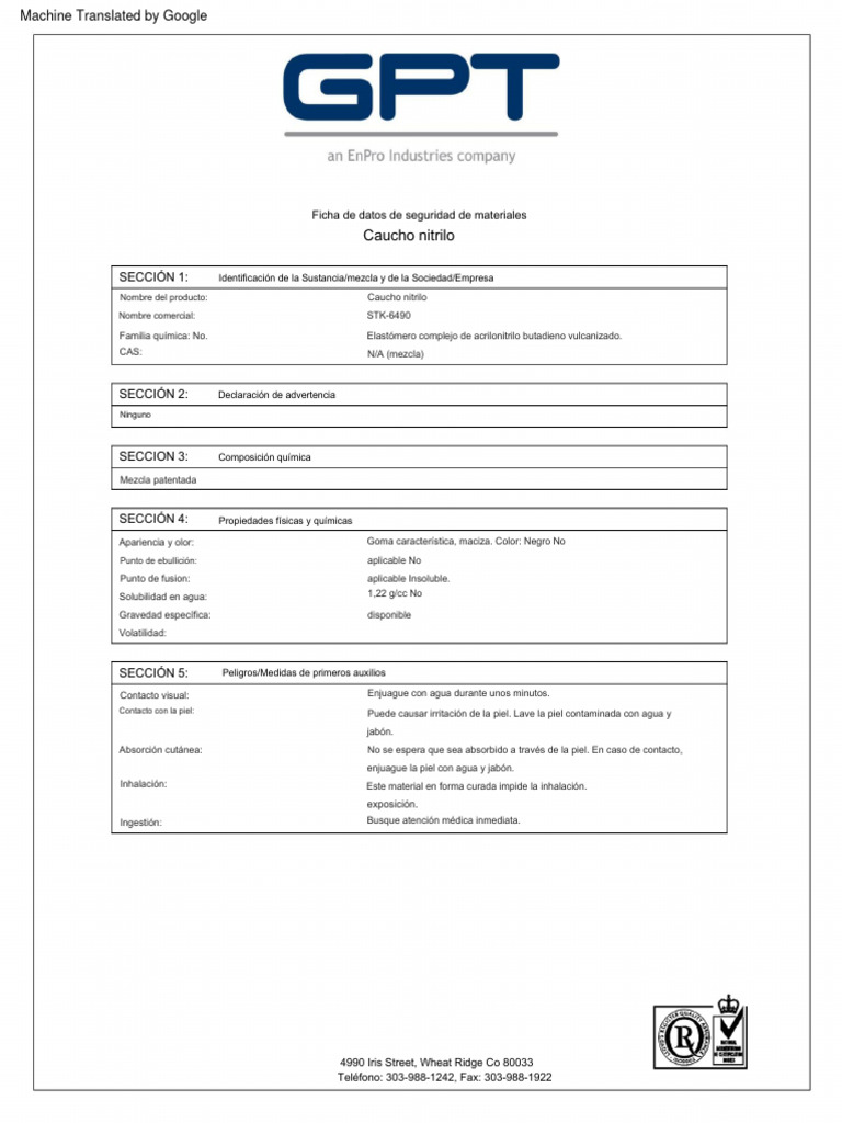 Nitrile Buna Rubber Material Safety Data Sheet | PDF | Agua | Dióxido ...