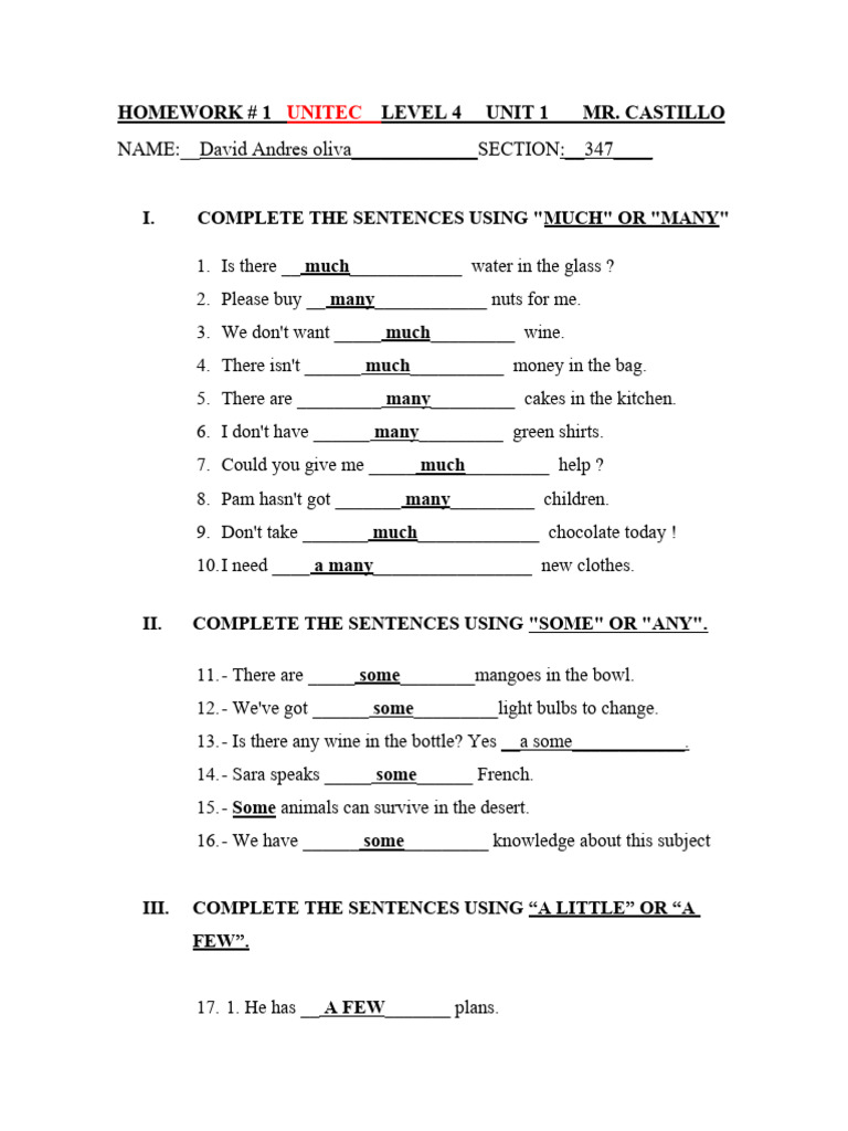 Grammar Exercises: Much, Many, Some | PDF | Foods | Food And Drink