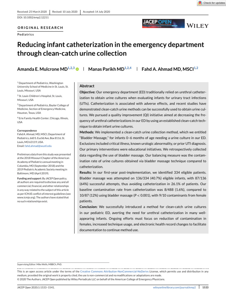 JACEP Open - 2020 - Mulcrone - Reducing infant catheterization in the ...