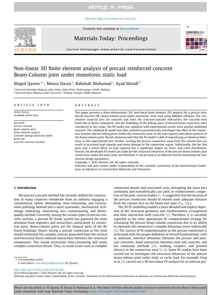Non Linear 3d Finite Element Analysis Of Precast Reinforced Concrete Beam Column Joint Under