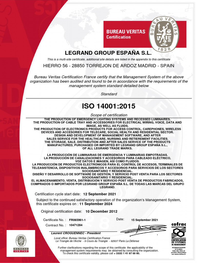 Legrand Group Espana SL Iso14001 V1 | PDF