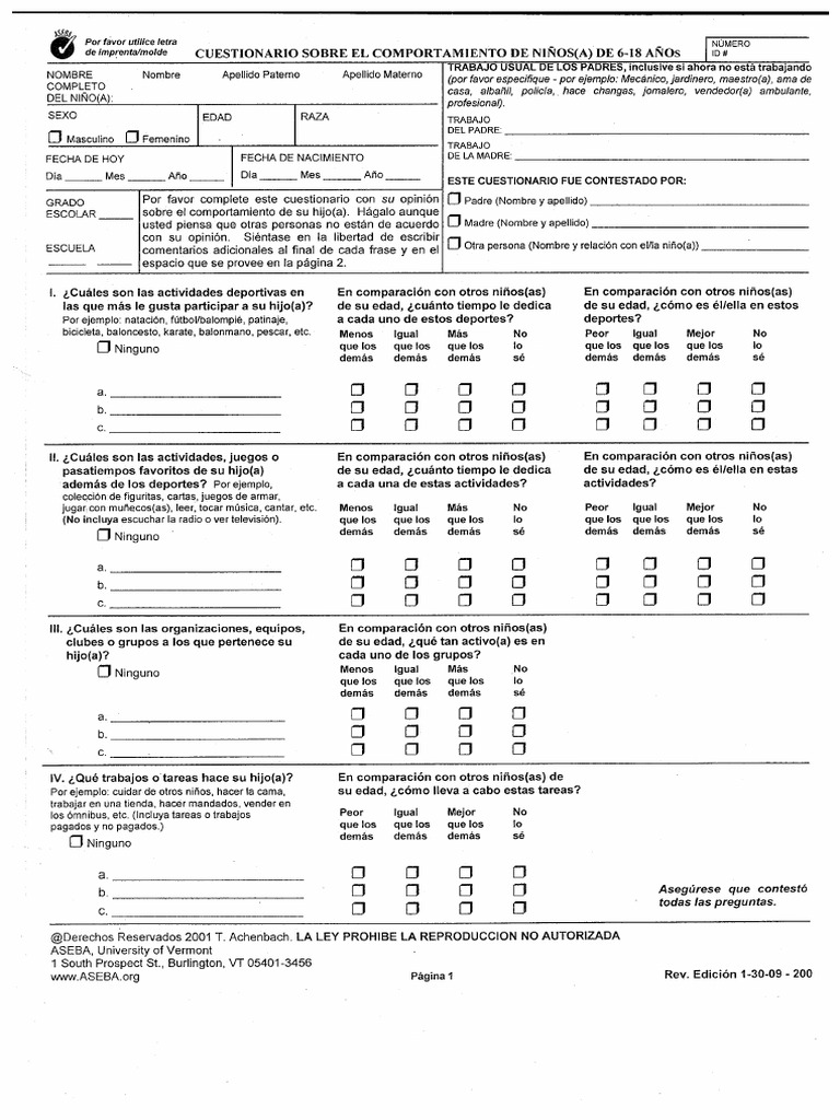 Protocolo CBCL 6-18 | PDF