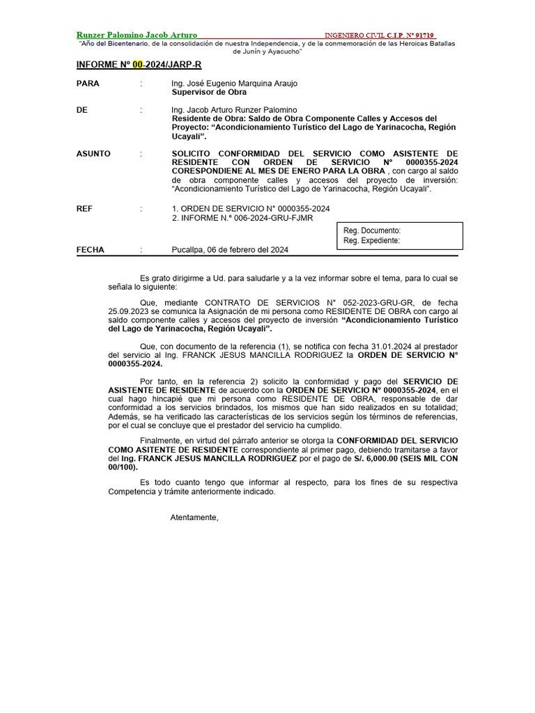 Informe N°00 - Conformidad y Pago Asistente de Residente | PDF