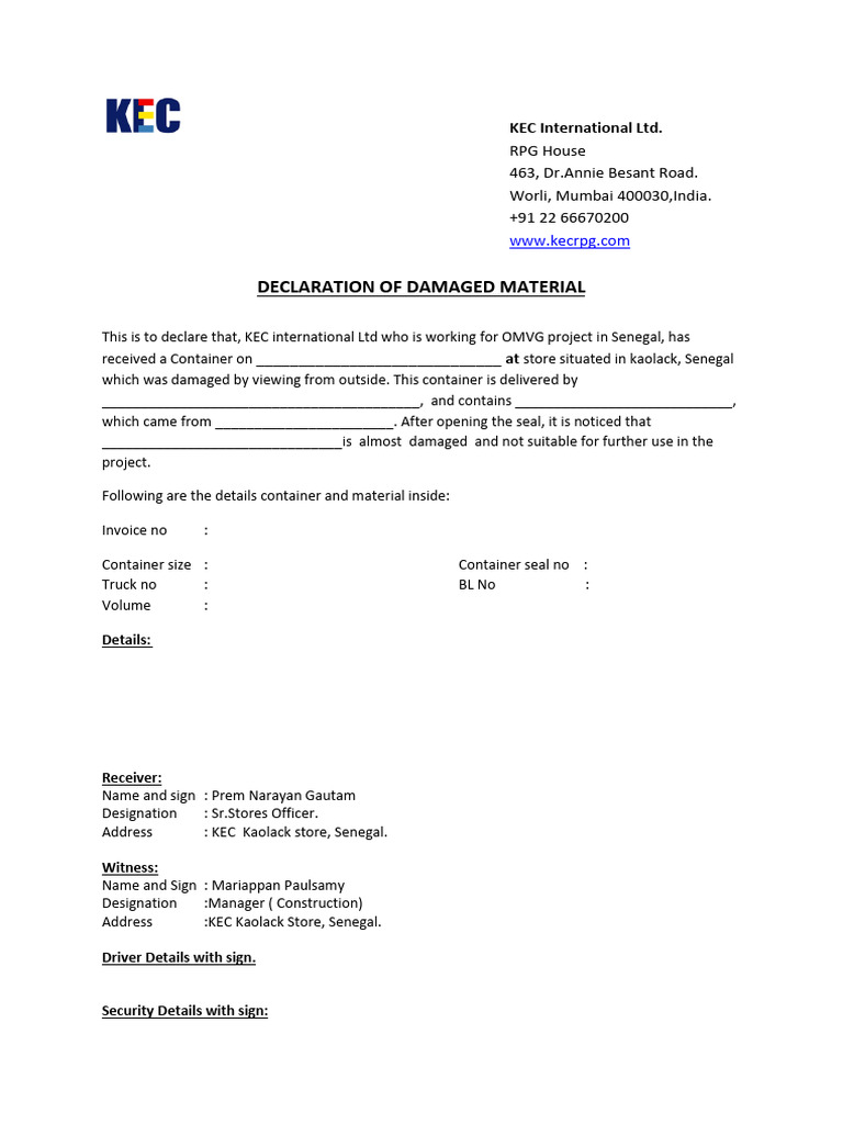 Damage Declaration Format | PDF