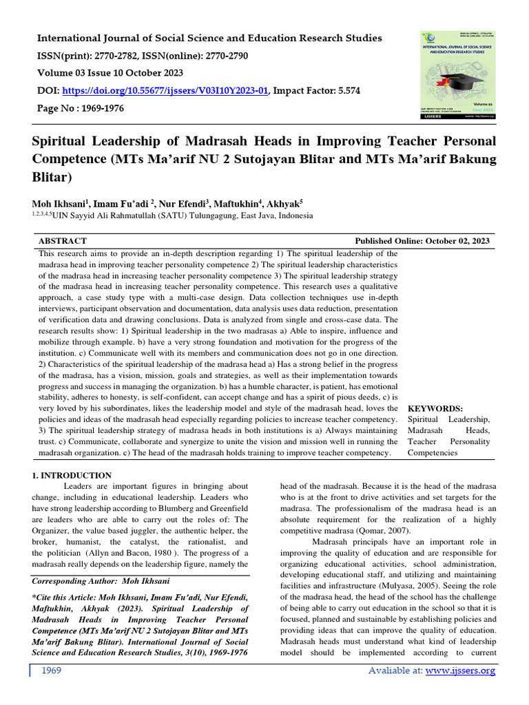 Spiritual Leadership of Madrasah Heads in Improving Teacher Personal ...