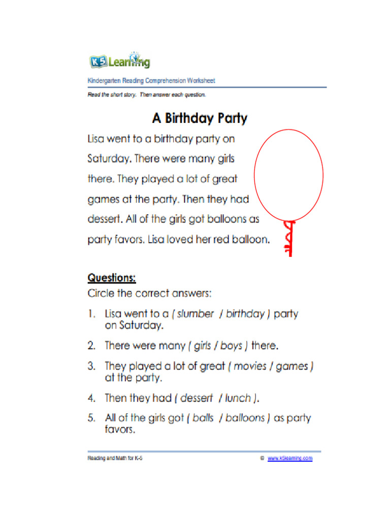 A Birthday Party Reading Comprehension | PDF