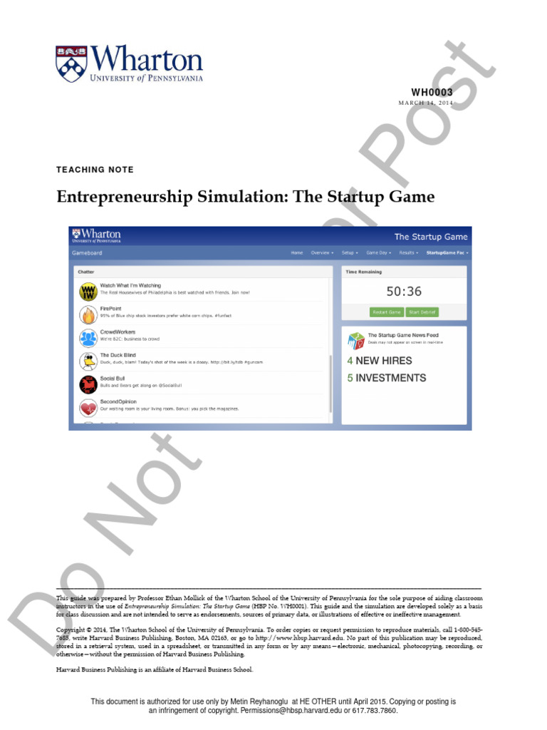 Entrepreneurship Simulation The Startup Game - Wharton University of ...