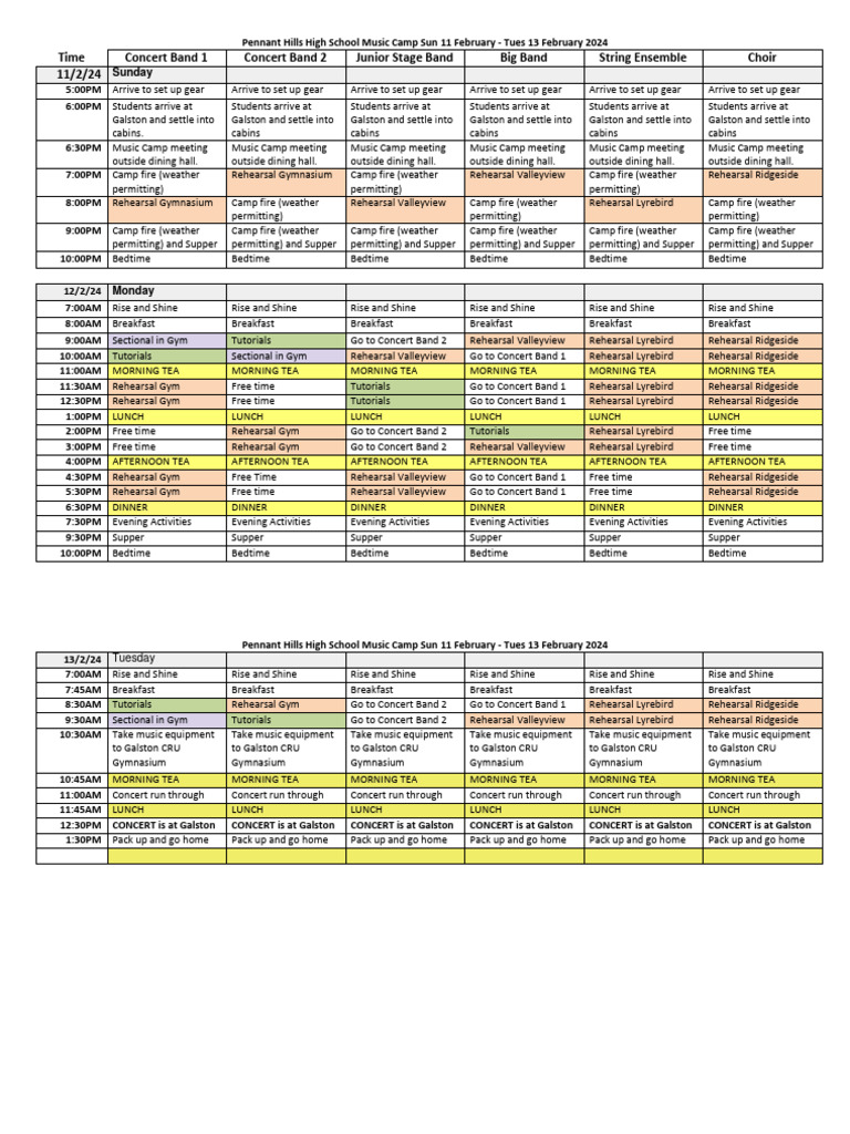 Pennant Hills High School Music Camp Timetable 2024 Current 17 Nov 23 | PDF | Performing Arts ...