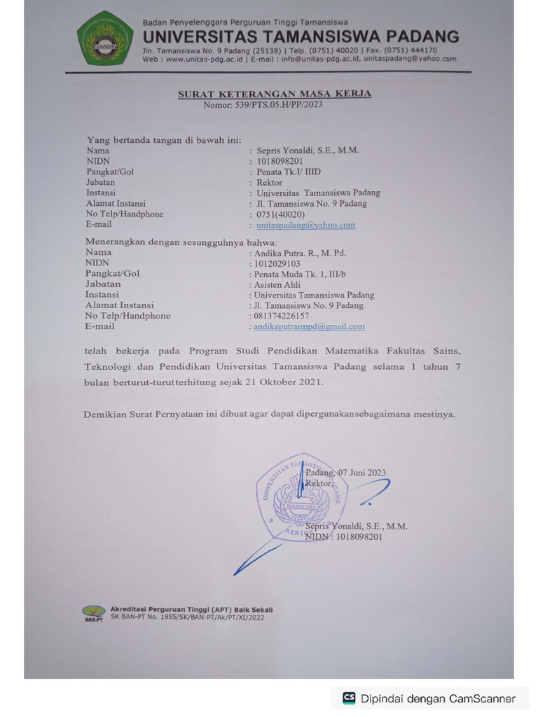 Surat Keterangan Masa Kerja - Andika Putra R | PDF