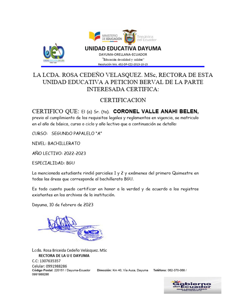 Certificado de Matricula | PDF