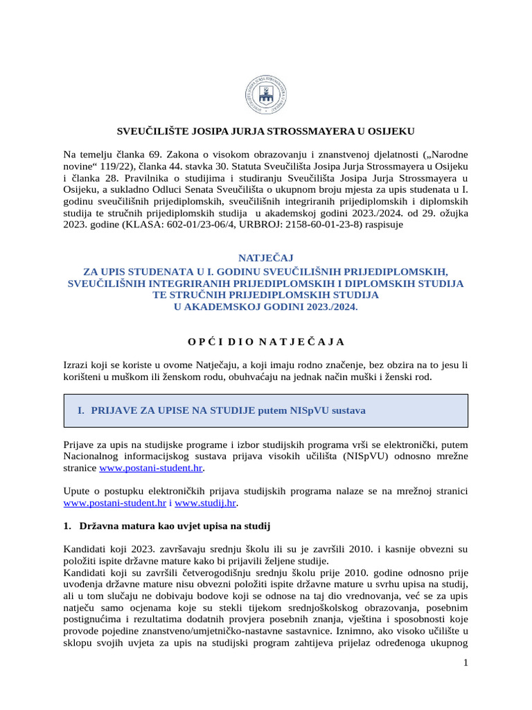 Natjecaj Za Upis - Prijediplomski - 2023 - 2024 1 2 | PDF