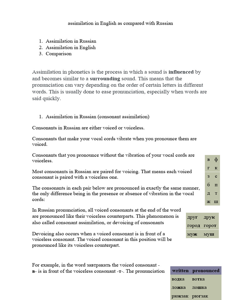 Assimilation Of English Compared With Russian Pdf English Language