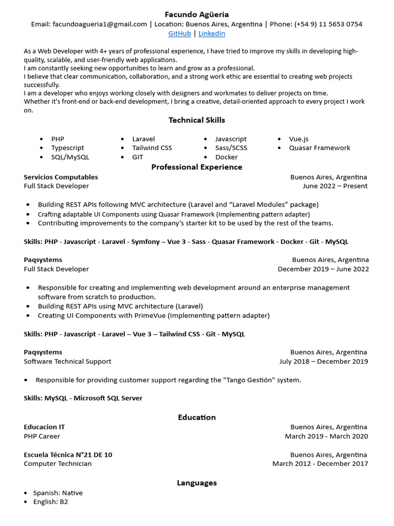 CV Facundo Agueria 2024 | PDF | Representational State Transfer | My Sql