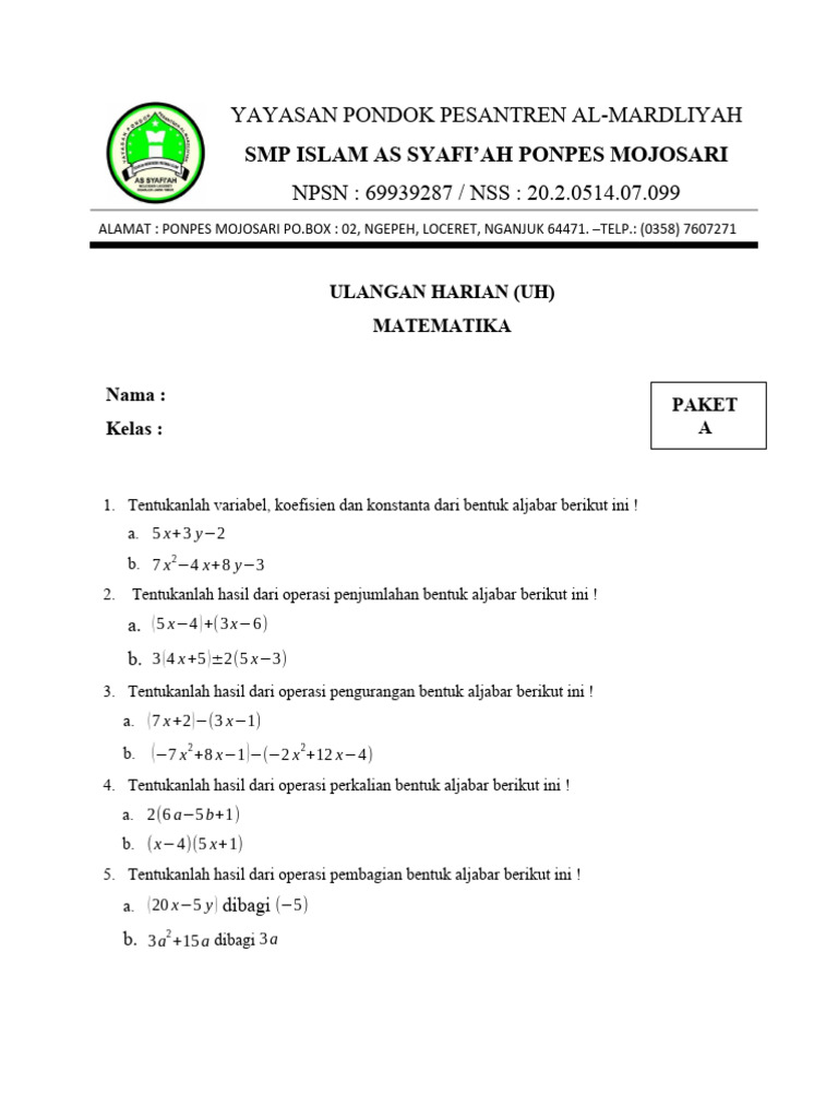 UH 1 MTK Kelas 7 Semester 2 | PDF
