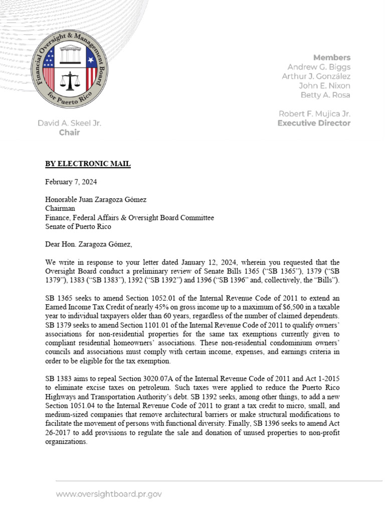 FOMB - Letter - Senate of Puerto Rico - SB 1365 SB 1379 SB 1383 SB 1392 ...