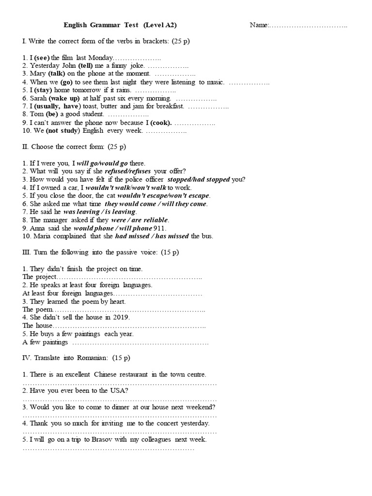 A2 Level Test With Answers For Remote Evaluation | PDF | Languages ...