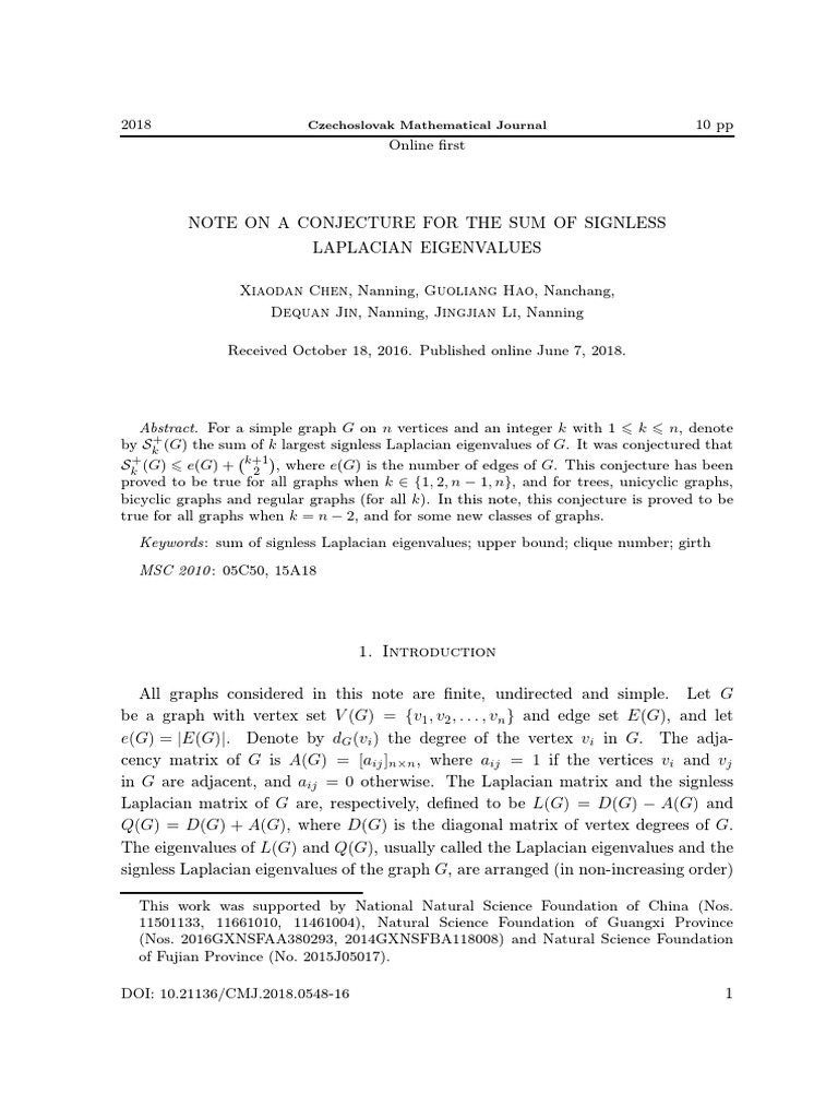 Note On A Conjecture For The Sum of Signless Laplacian Eigenvalues | PDF | Graph Theory ...