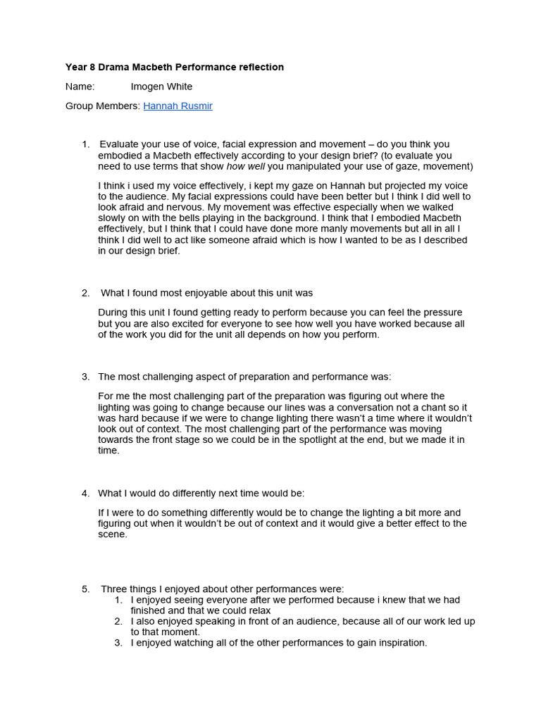 Year 8 Drama Macbeth Performance Reflection | PDF