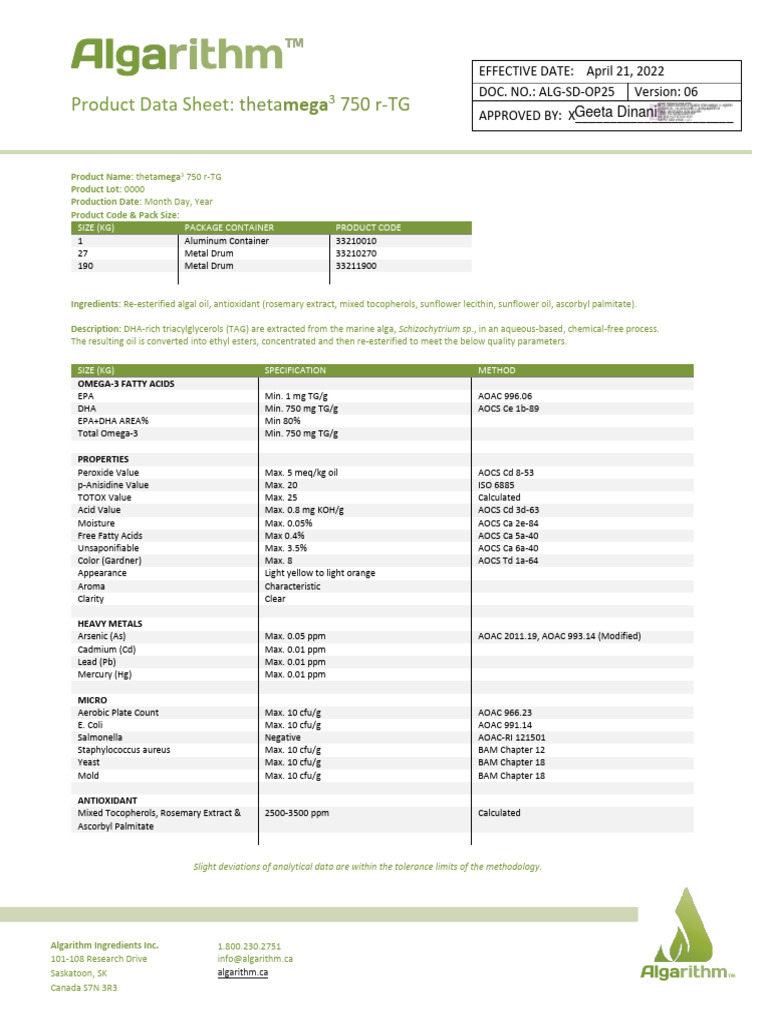 Algae Oil - Canada | PDF | Omega 3 Fatty Acid | Chemical Substances