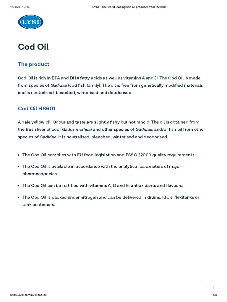 Cod Oil LYSI - The World Leading Fish Oil Producer From Iceland | PDF ...