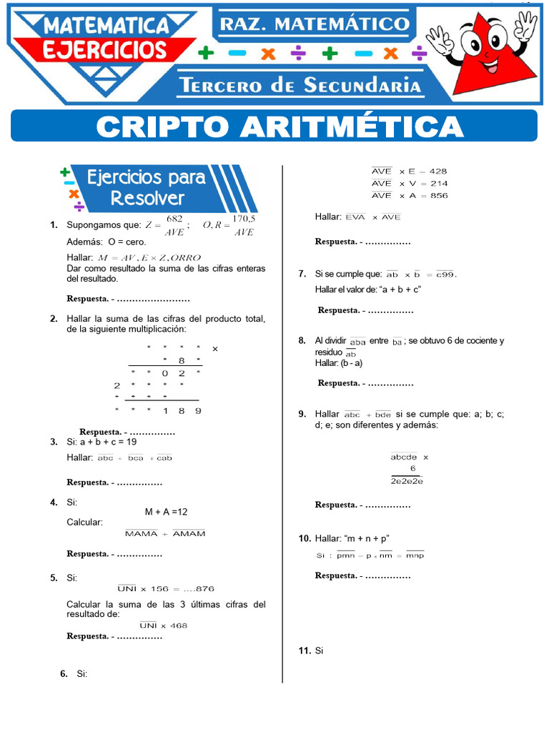Cripto Aritmetica Numericas para Tercer Grado de Secundaria | PDF | Matemáticas | Aritmética