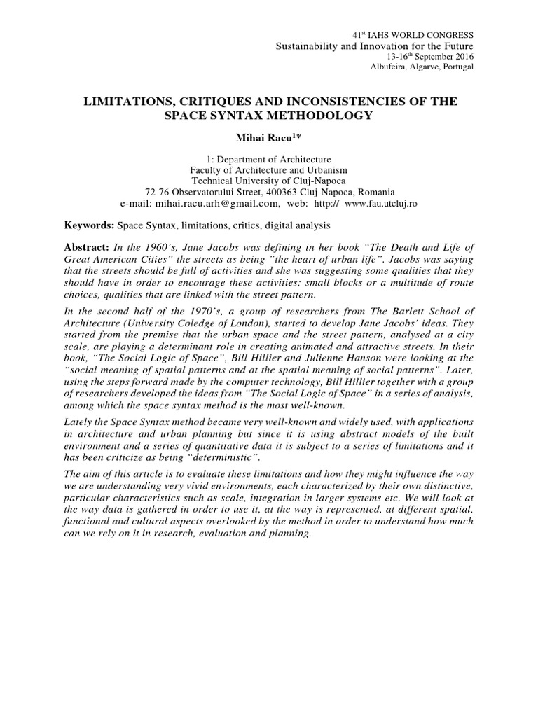 LIMITATIONS, CRITIQUES AND INCONSISTENCIES OF THE SPACE SYNTAX ... LIMITATIONS, CRITIQUES AND INCONSISTENCIES OF THE SPACE SYNTAX ...