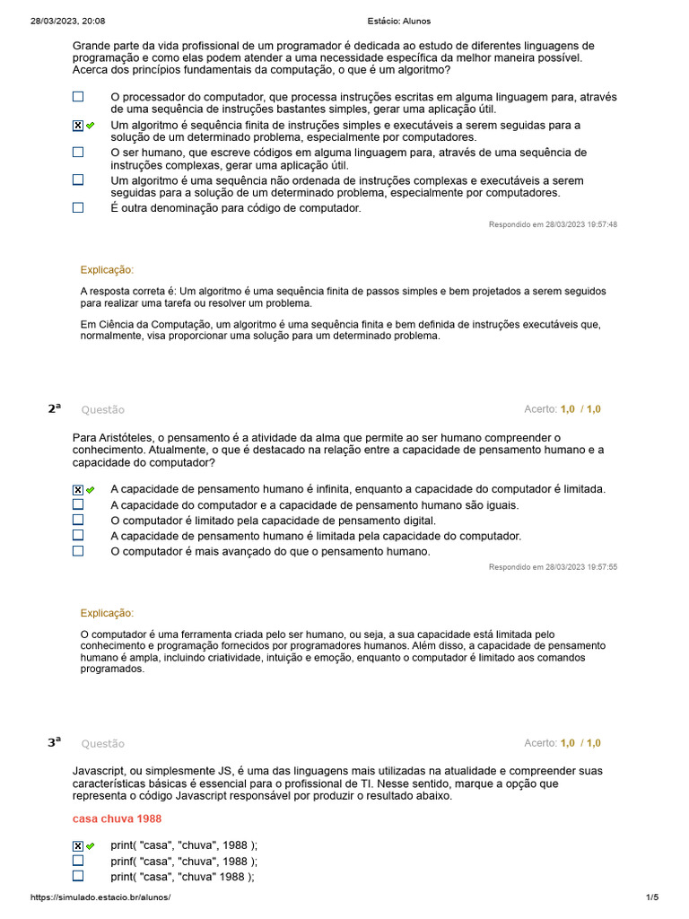 Simulado Pensamento Computacional 1 Pdf Algoritmos Pensamento 