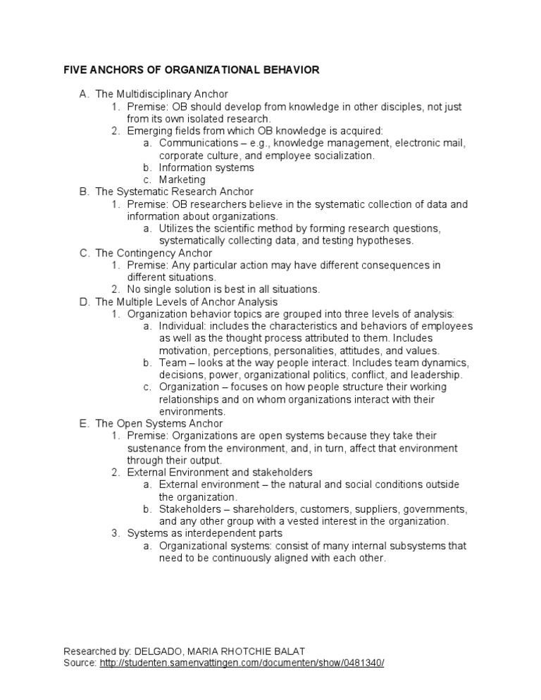 Five Anchors of Organizational Behavior (Mne210) | PDF