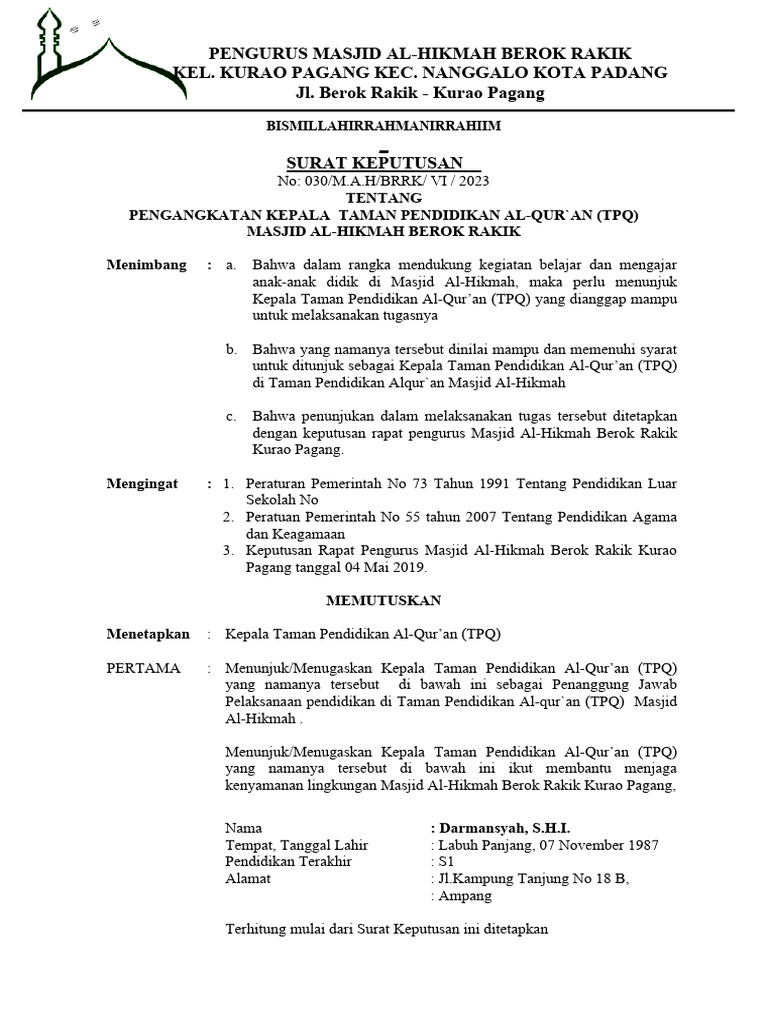 Contoh SK TPQ Masjid | PDF