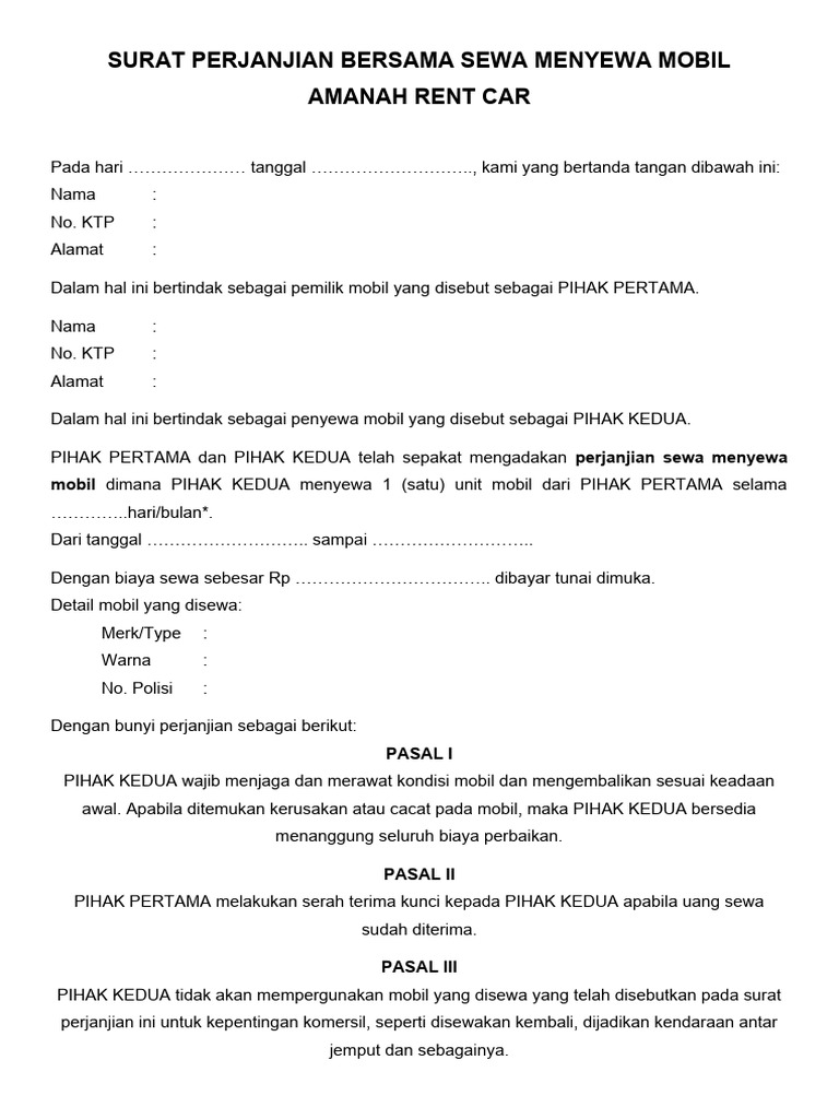 Surat Perjanjian Sewa Mobil | PDF