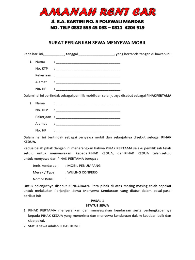 Surat Perjanjian Sewa Menyewa Mobil | PDF