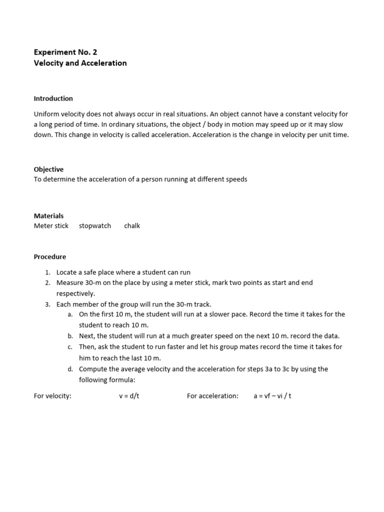 19 - Sibal - Experiment #2 Velocity and Acceleration | PDF | Acceleration | Velocity