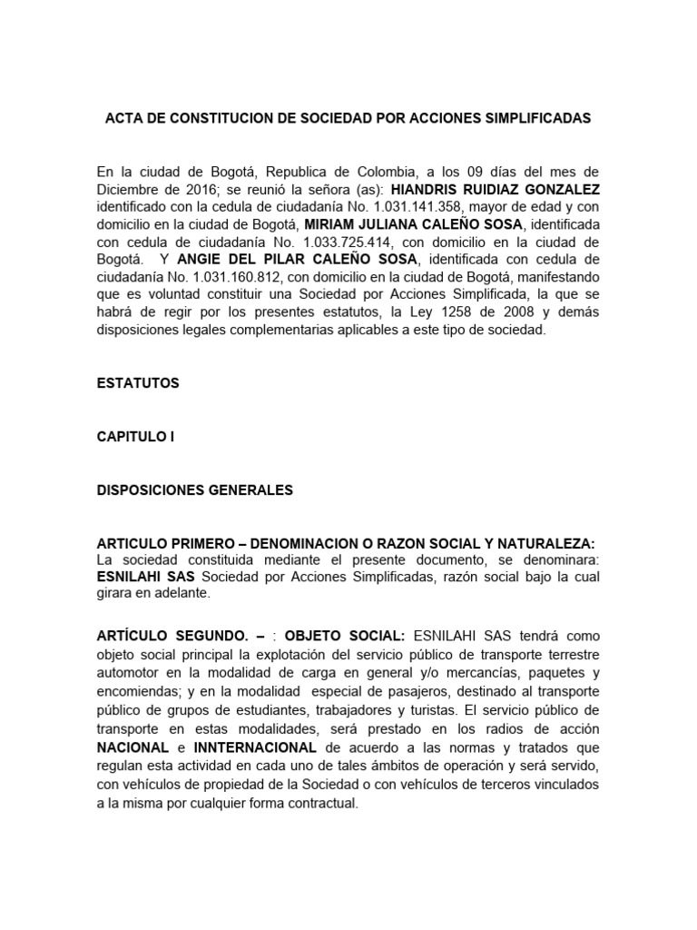 Acta de Constitucion de Sociedad Por Acciones Simplificadas | PDF | Compartir (Finanzas ...
