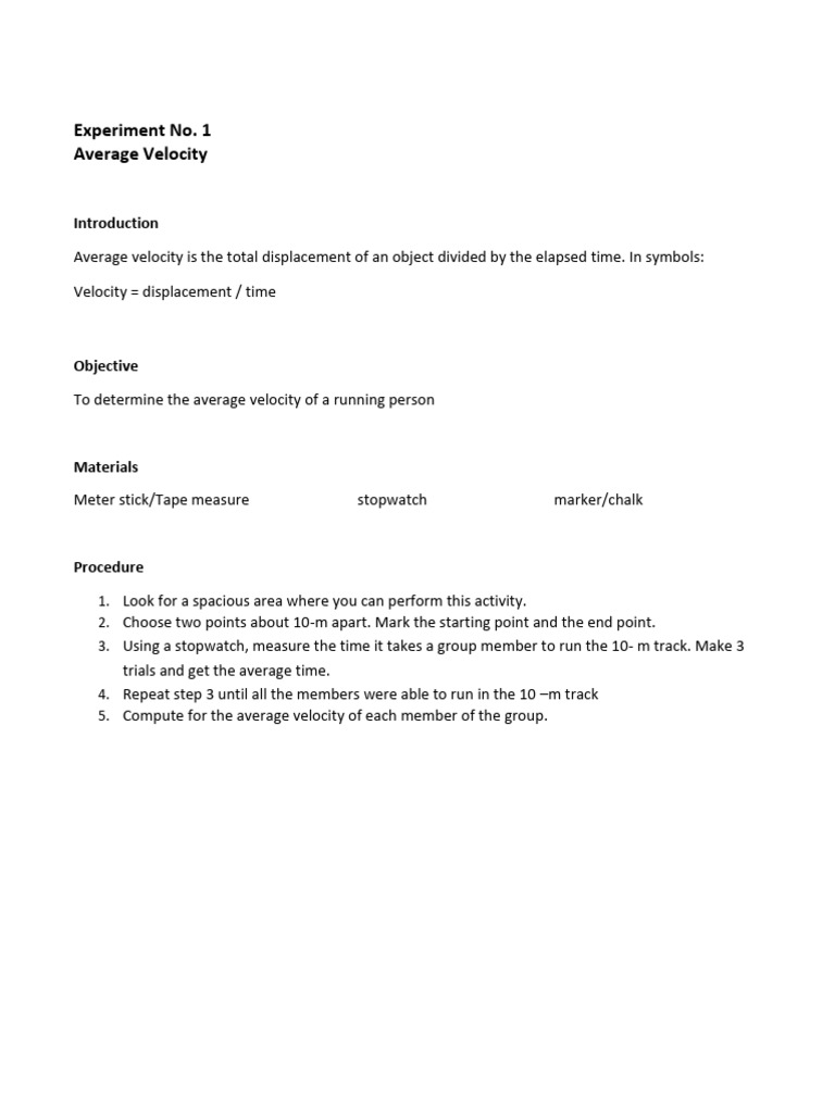 Calculate Average Velocity Experiment | PDF | Speed | Velocity