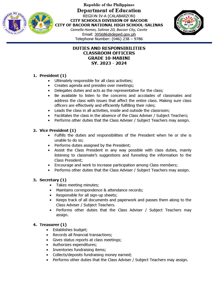 Duties and Responsibilities-Classroom Officers | PDF