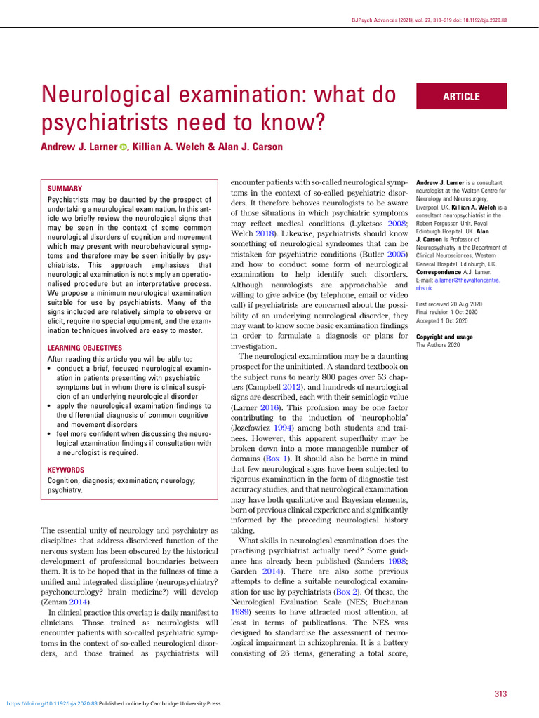 Neurological Examination What Do Psychiatrists Need To Know | PDF ...