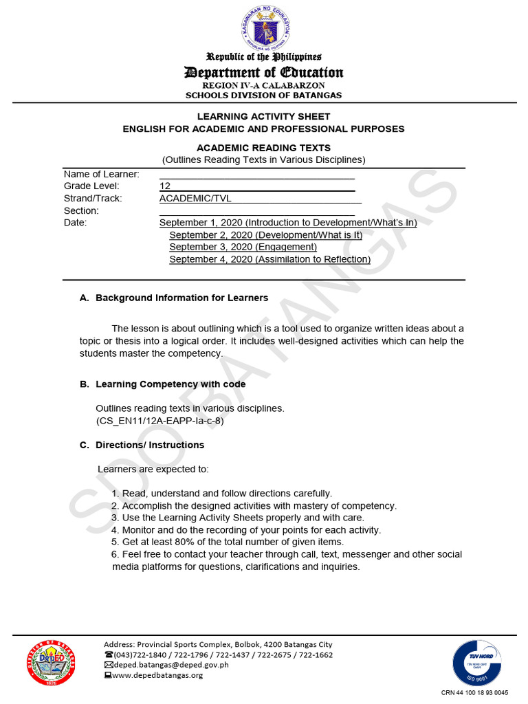 English For Academic and Professional Purposes - Outlining MELC 3 - LAS | PDF
