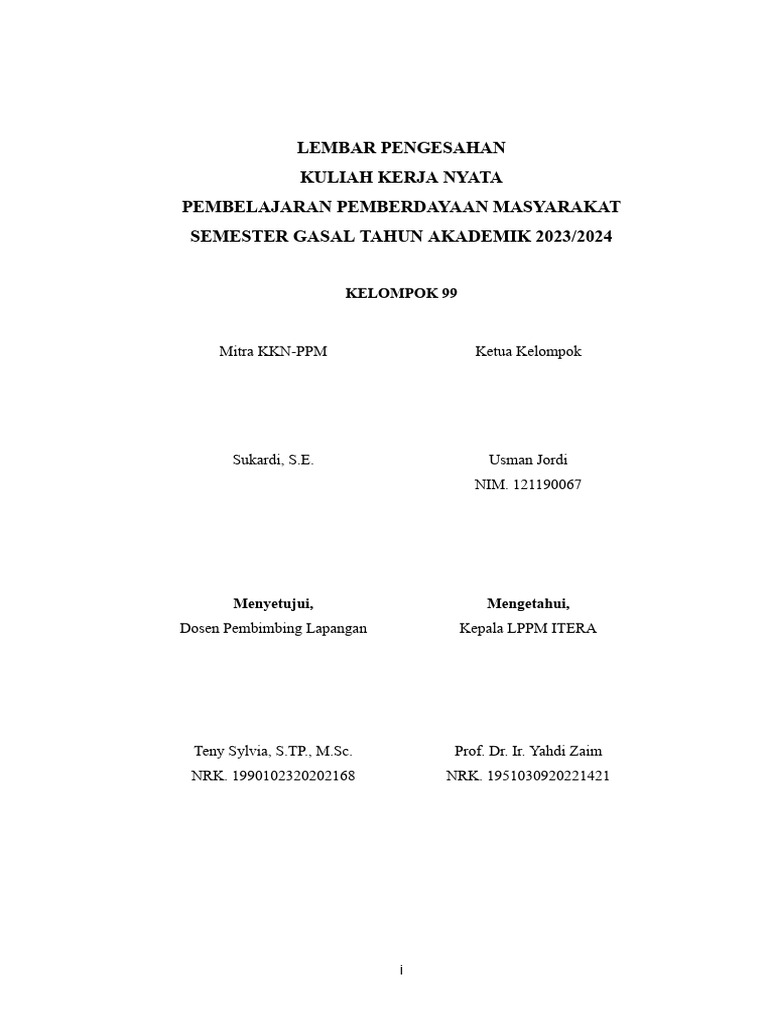 Lembaran Pengesahan Laporan Akhir KKN PPM Kelompok 99 | PDF | Sains & Matematika