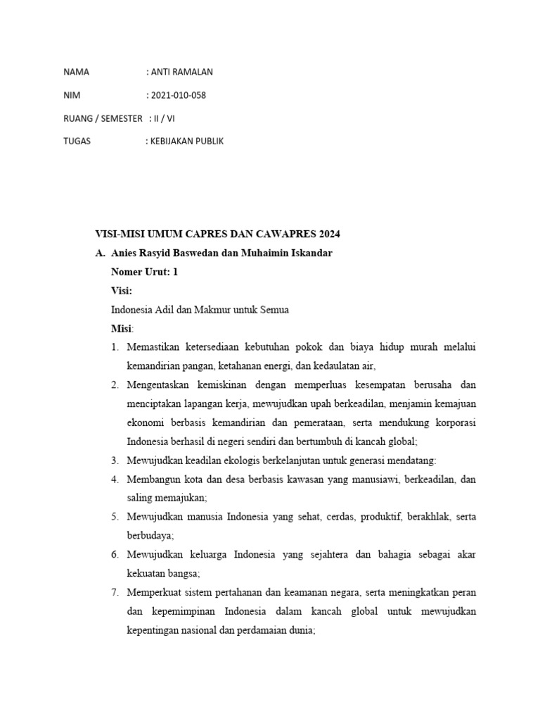 Visi Misi Capres Dan Cawapres 2024 | PDF | Politik | Ilmu Sosial