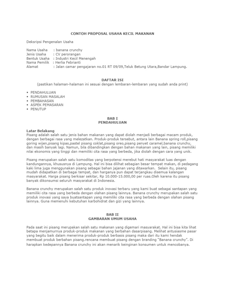 Contoh Proposal Usaha Kecil Makanan | PDF Contoh Proposal Usaha Kecil Makanan | PDF