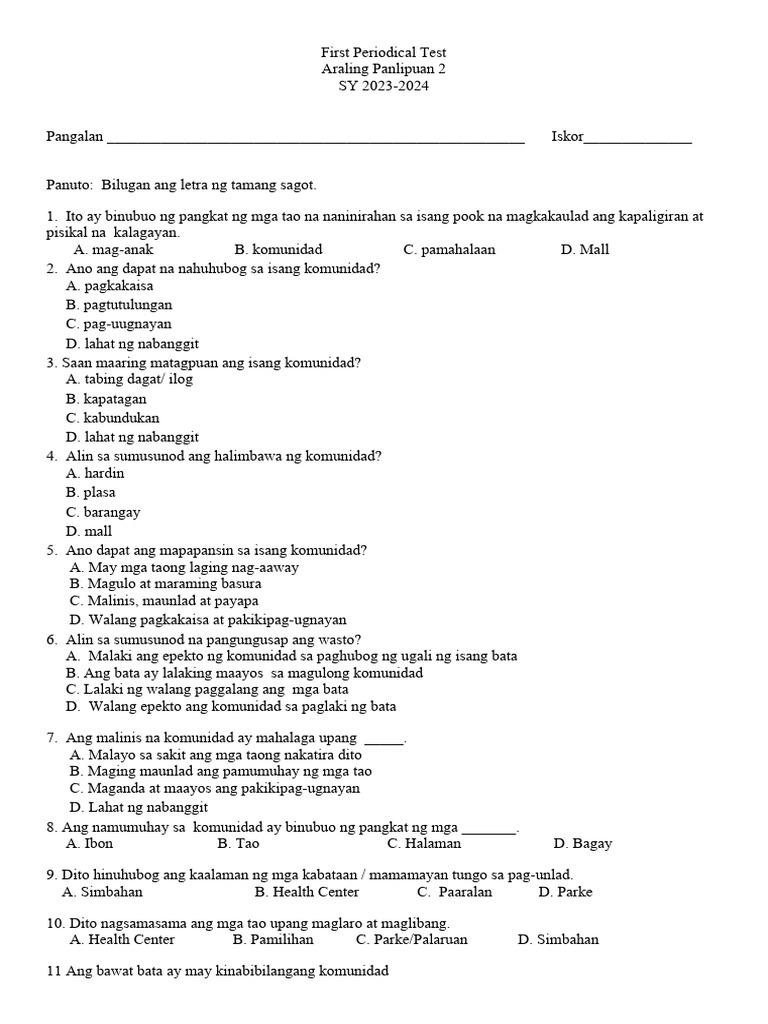 PT - Araling Panlipunan 2 - Q1 | PDF PT - Araling Panlipunan 2 - Q1 | PDF