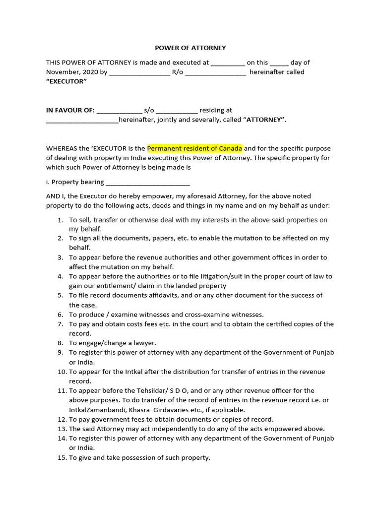 Power of Attorney for Property in India | PDF | Power Of Attorney | Lawyer
