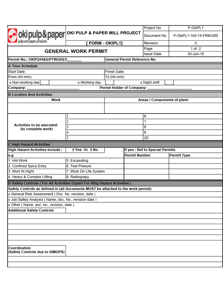 OKI Pulp & Paper Mill General Work Permit | PDF | Workplace | Working ...