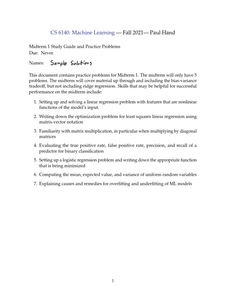 Midterm 1 Practice Solutions | PDF | Least Squares | Regression Analysis