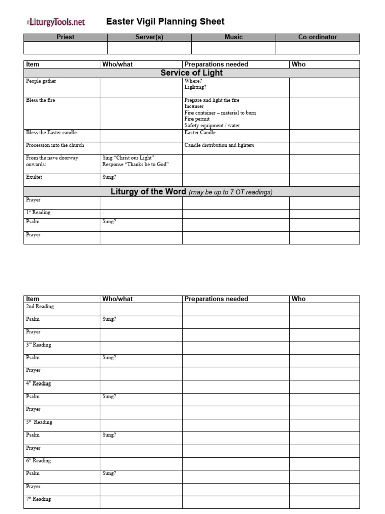 Easter Saturday Vigil Planning Template | PDF | Mass (Liturgy ...