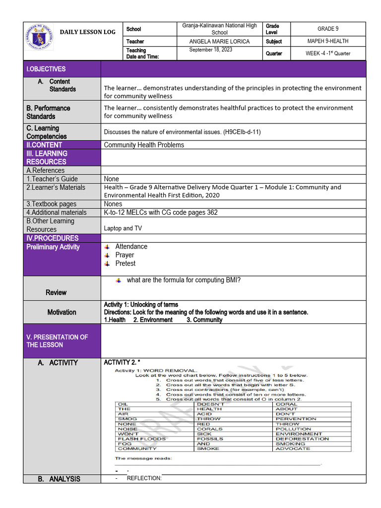 COT-1 HEALTH-Q1-October 3, 2023 | PDF | Learning | Natural Environment