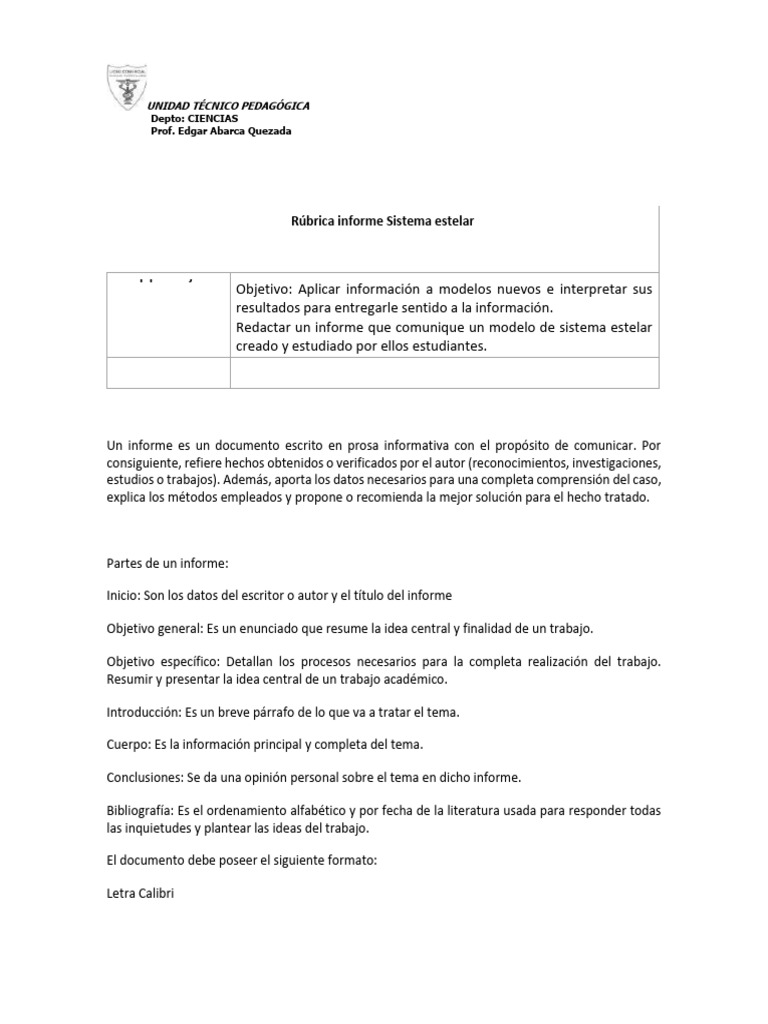 Rubrica Informe Sistema Solar | PDF | Estrellas | Planetas